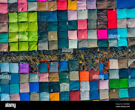 Aerial View Of Local Market Colourful Tents At Minar Moshjid Tabling