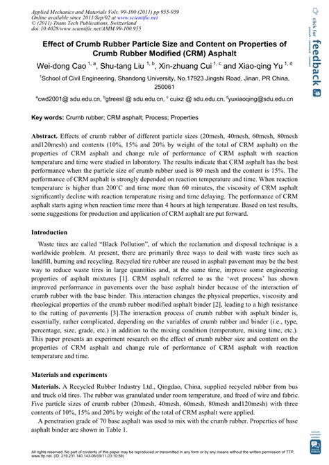 Pdf Effect Of Crumb Rubber Particle Size And Content On Properties Of Crumb Rubber Modified