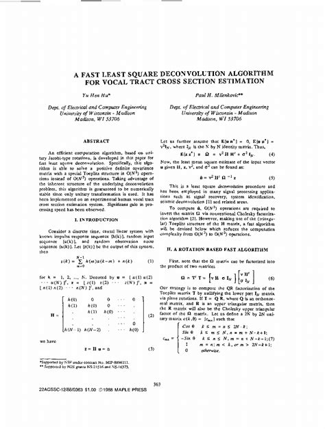 A Fast Least Square Deconvolution Algorithm For Vocal Tract Cross Section Estimation Ieee