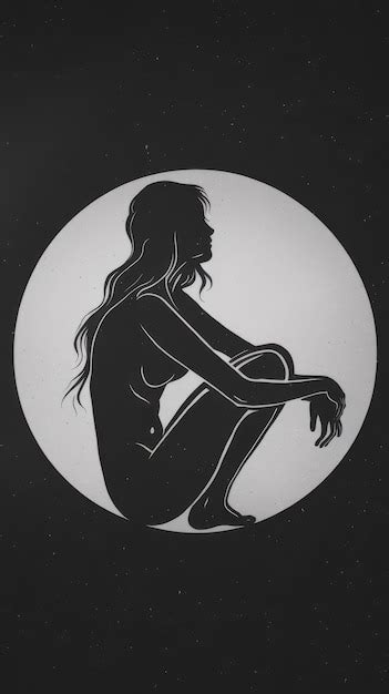 Black Silhouette Of Sitting Nude Woman In Light Circle On Dark