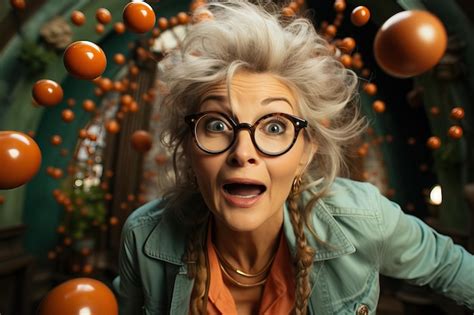Premium Ai Image Colorful Fun Mature Woman Catching Animated Balls