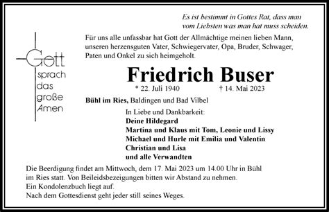 Traueranzeigen Von Friedrich Buser Augsburger Allgemeine Zeitung