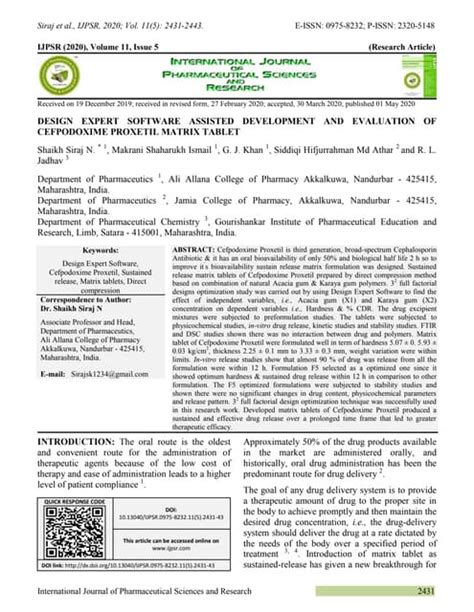 Design Expert Software Assisted Development And Evaluation Of Cefpodoxime Proxetil Matrix Tablet