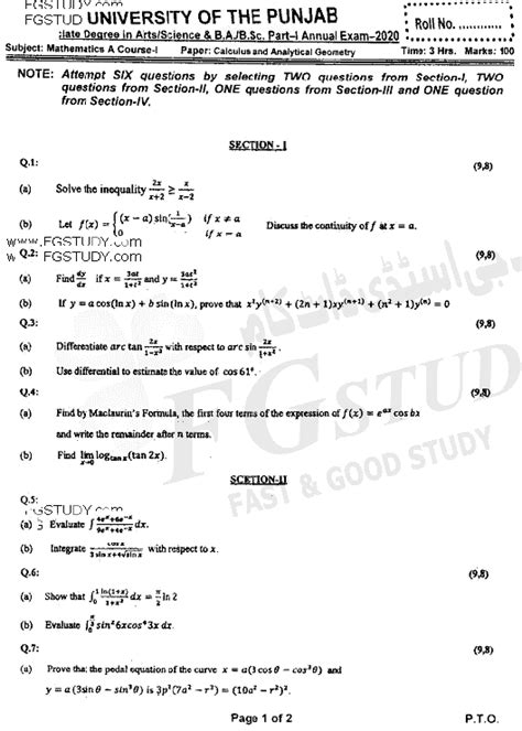 Bsc Part 1 Mathematics A Course 1 Calculus And Analytical Geometry Past