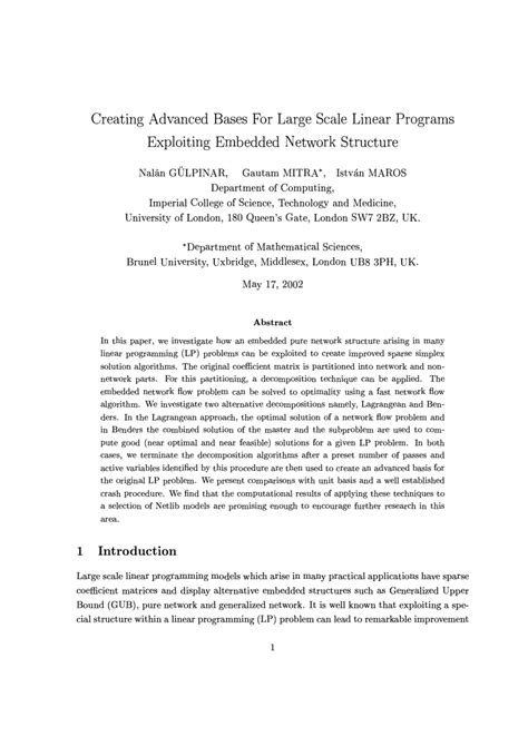 Pdf Creating Advanced Bases For Large Scale Linear Programs Exploiting Embedded Network Structure
