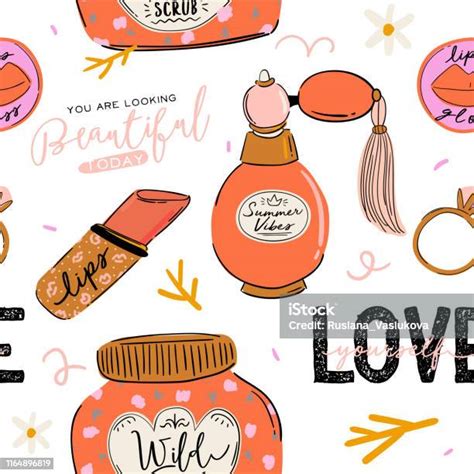 유행 스타일의 피부를위한 병 항아리 튜브에 천연 유기농 화장품과 뷰티 스킨 케어 원활한 패턴 0명에 대한 스톡 벡터 아트 및