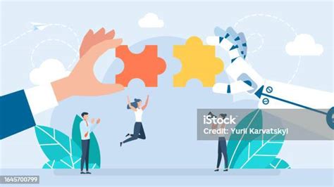 로봇과 사업가 퍼즐을 들고 있다 인간과 로봇은 퍼즐 조각을 들고 있다 기술의 발전과 혁신 Ai 개념과의 파트너십 플랫 스타일 플랫 일러스트레이션 인공지능에 대한 스톡 벡터