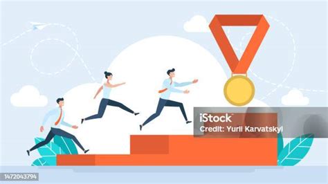 비즈니스 경쟁 개념입니다 팀 빌딩 직원 표창 및 최고의 근로자 경쟁 상 팀 승리 우승자 사업 사업가 결승선을 찢는 승자 벡터 그림 메달 수상대에 대한 스톡 벡터 아트 및