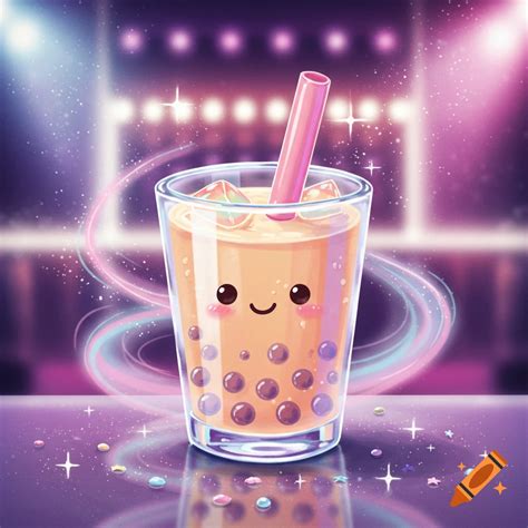 Cute Cartoon Boba Tea With A Smiling Face Pink Straw And Ice