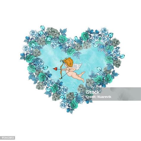 빈티지 장미 프레임 흰색 절연에 빈티지 발렌타인 날 큐 피드 공휴일에 대한 스톡 벡터 아트 및 기타 이미지 공휴일 귀여운