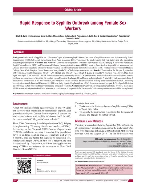 Pdf Rapid Response To Syphilis Outbreak Among Female Sex Workers