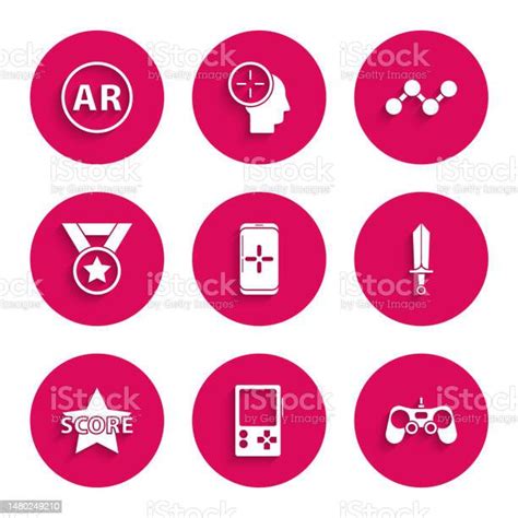 스마트 폰을 설정하고 게임 휴대용 비디오 콘솔 게임 패드 검 별 메달 공유 및 Ar 증강 현실 아이콘에서 재생합니다 벡터 1에 대한 스톡 벡터 아트 및 기타 이미지 Istock