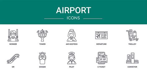 작업자 타워 공기 여주인 출발 트롤리 또는 보고서 프리젠 테이션 다이어그램 웹 디자인 모바일 앱을위한 Oxigen 벡터 아이콘과 같은 10 개의 개요 웹 공항 아이콘 세트