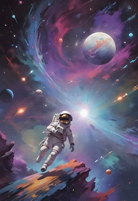 Floating Astronaut In Colorful Cosmic Space With Nebula Planets Saturn