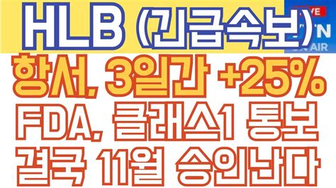 Hlb 에이치엘비 매수 매도 주가전망 긴급속보 항서 3일간 25 Fda 클래스1 통보했다 결국 11월 승인납니다 Youtube
