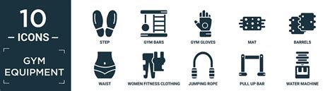 채워진 체육관 장비 아이콘 세트입니다 플랫 스텝 체육관 바 체육관 장갑 매트 배럴 허리 여성 피트니스 의류 줄넘기 풀업 바 편집