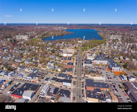 Wakefield Historic Town Center And Lake Quannapowitt Aerial View On Main Street In Wakefield