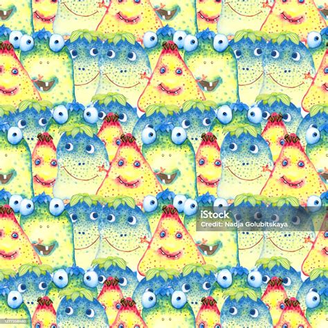 손으로 그린 수채화 괴물 흰색 배경에 원활한 패턴 유치한 다채로운 유령 끝없는 인쇄 패니 외계인의 디자인 배경 벽지 0명에 대한 스톡 벡터 아트 및 기타 이미지 Istock