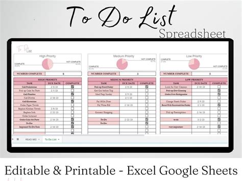 To Do List Excel Template To Do List Google Sheets To Do List Spreadsheet To Do List Template