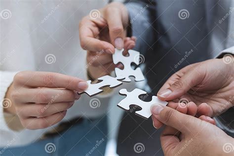 Teamwork Collaboration Hands Joining Puzzle Pieces Solution Strategy Business Goal Unity Ideas