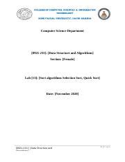 Lab 13 Sort Algorithms Selection Sort Quick Sort Docx Computer
