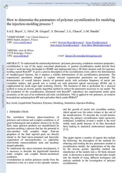 Pdf How To Determine The Parameters Of Polymer Crystallization For Modeling The Injection