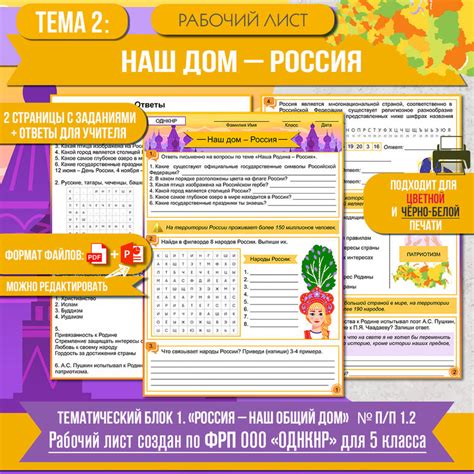 Рабочий лист ОДНКНР «Наш дом Россия 5 класс Разработан по ФРП Тема 2 тем блок 1 № п п 1 2