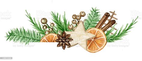 소나무 가지 계피 스틱 스타 아니스 오렌지와 크리스마스 보호 꽃다발 수채화 빈티지 조성 고립 된 일러스트 크리스마스 새해 카드 및 초대장의 디자인을 위해 0명에 대한 스톡