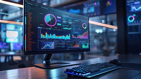 contemporary data analysis computer monitor displaying histograms and pie charts stock