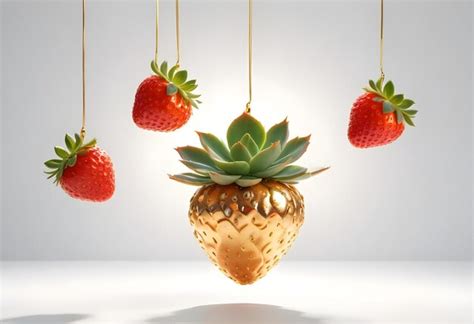 A Strawberry Hanging From A String With Strawberries Hanging From It Premium Ai Generated Image