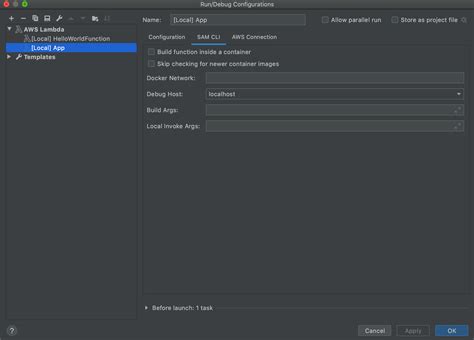 Run Debug Configurations Dialog Box Local Function Settings AWS