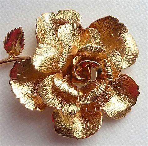 Monet Rose Brooch Vintage Brooch Single Leaf Rose Brooch Gold Etsy