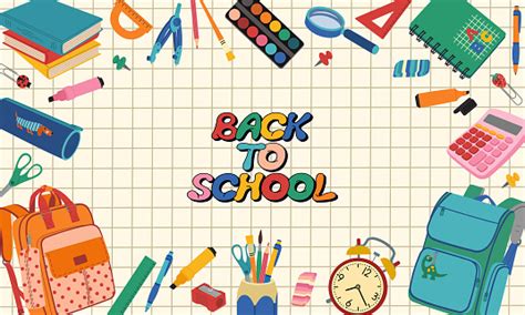 학교 요소가 있는 신학기 배너 배낭 교과서 계산기 필통 물감 펜 공책 돋보기 알람 마커 0명에 대한 스톡 벡터 아트 및 기타