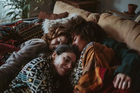 Premium Photo A Polyamorous Triad Cuddling On A Couch Their Comfort And Affection Evident In A