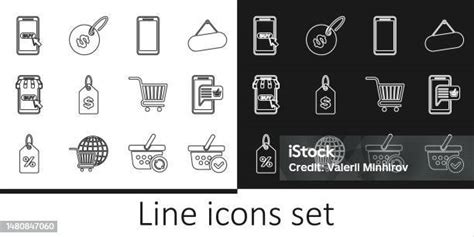 체크 표시 모바일 및 쇼핑 스마트 폰 휴대 전화 가격표 달러 카트 및 아이콘이있는 라인 쇼핑 바구니를 설정합니다 벡터 가격에