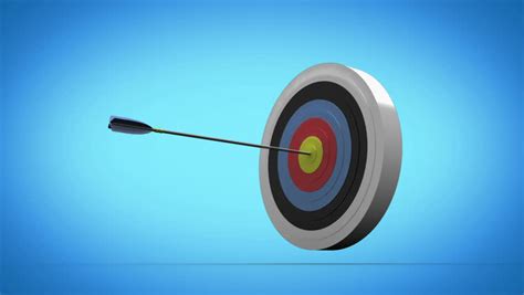 Arrow Flying Towards Dart Board And Hitting Target On Blue Background Stock Footage Video
