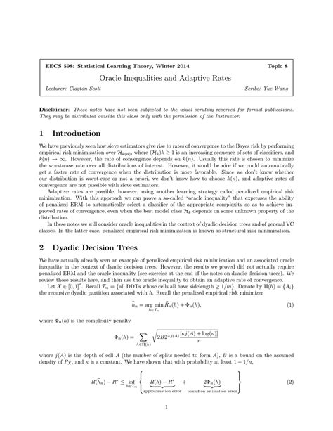 Lecture Notes Lecture 8 Oracle Eecs 598 Statistical Learning