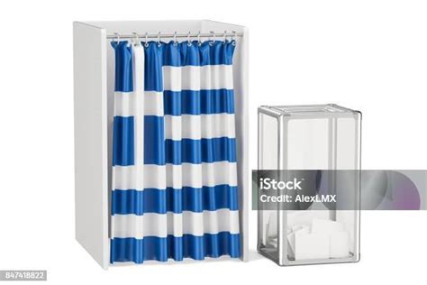 그리스 선거 개념 투표 용지 상자와 그리스의 국기와 함께 투표 부스 3d 렌더링 0명에 대한 스톡 사진 및 기타 이미지 0명