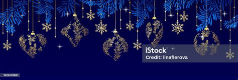 짙은 파란색 배경에 소나무 가지와 황금빛 장식이 있는 크리스마스 포스터 새해 그림입니다 겨울 디자인 12월에 대한 스톡 벡터