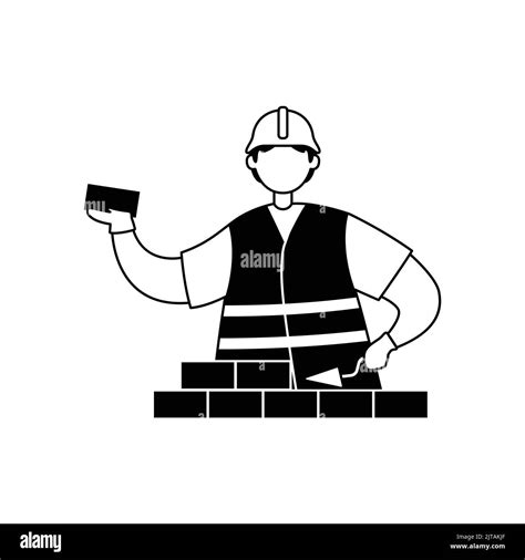 Vector Illustration Of A Male Builder In A Helmet Laying A Brick Outline Stock Vector Image