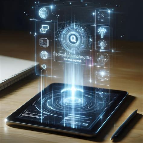 tablet with holographic ai qa and certification icons on minimalist