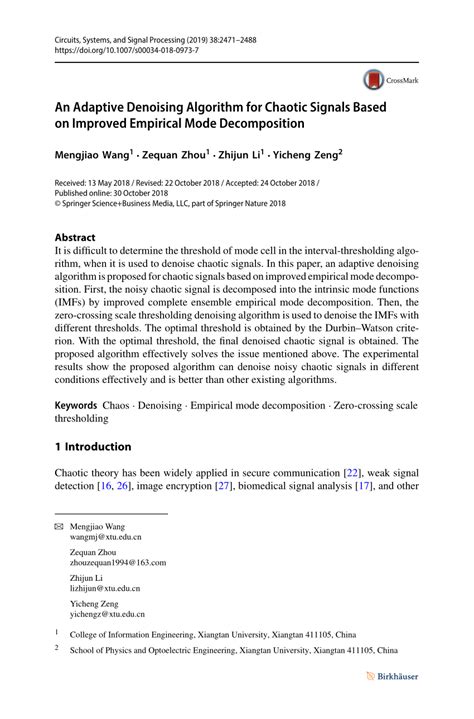 Pdf An Adaptive Denoising Algorithm For Chaotic Signals Based On Improved Empirical Mode
