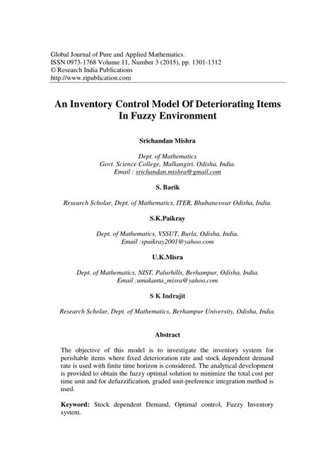 Pdf An Inventory Control Model Of Deteriorating Items In Fuzzy Environment