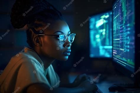 African American Black Woman Coder Programmer Using Computer For Coding Screen With Code Lines