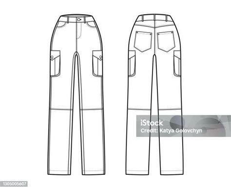 청바지 카고 데님 팬츠 테크니컬 패션 일러스트레이션 통상의 허리 하이라이즈 벨트 루프 전체 길이 0명에 대한 스톡 벡터 아트 및 기타 이미지 Istock