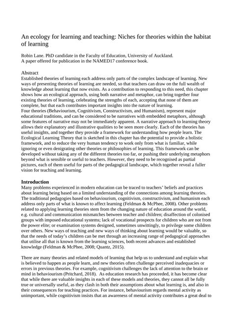 PDF An Ecology For Learning And Teaching Niches For Theories Within The Habitat Of Learning