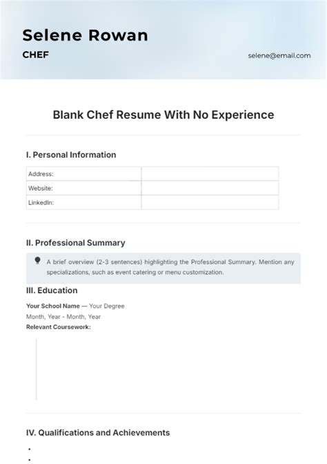 Free Blank Chef Resume With No Experience Template To Edit Online
