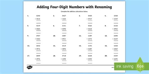 adding four digit numbers with renaming worksheet