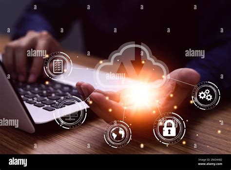 Man Use Laptop With Cloud Computing Diagram Show On Hand Cloud Technology Data Storage