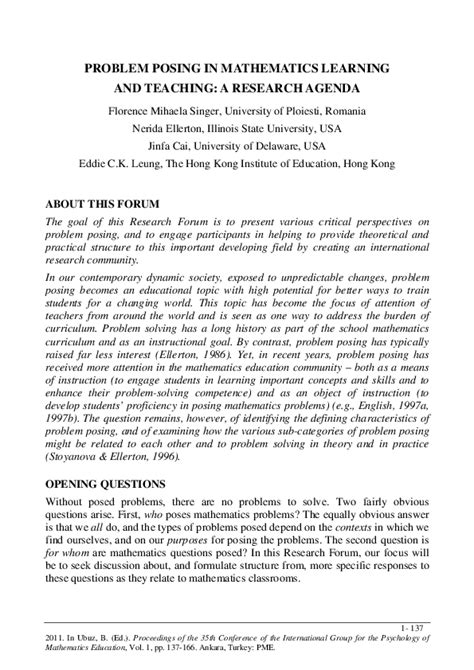 Pdf Problem Posing In Mathematics Learning And Teaching A Research Agenda